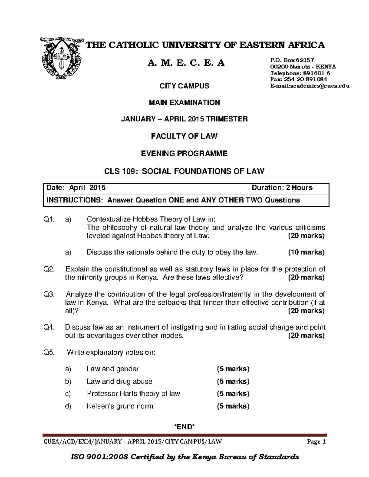 CLS 109 City campus - Law - CUEA/ACD/EXM/JANUARY – APRIL 2015/CITY ...