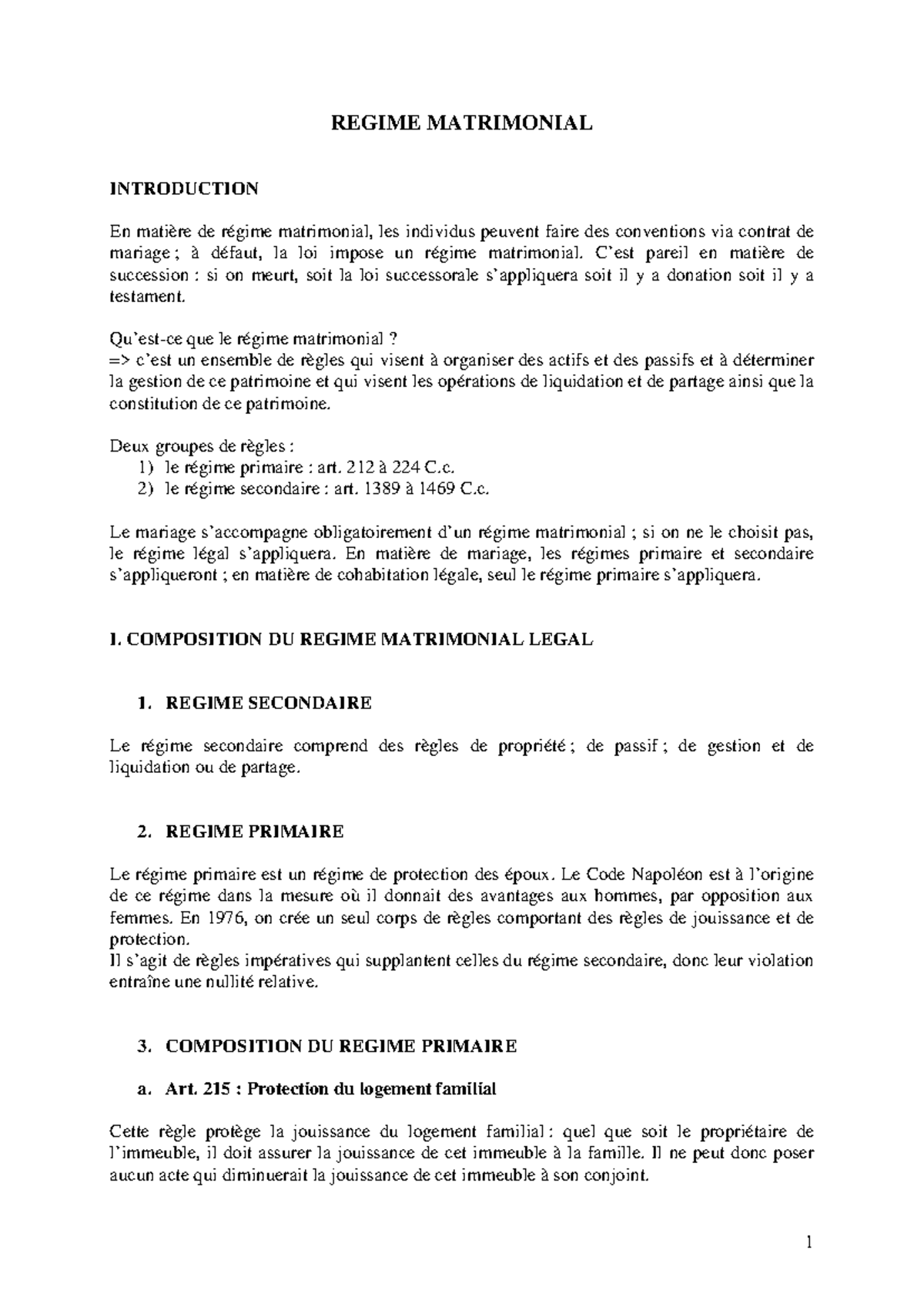 Cours - Droit patrimonial et de la famille ULB - Les régimes ...