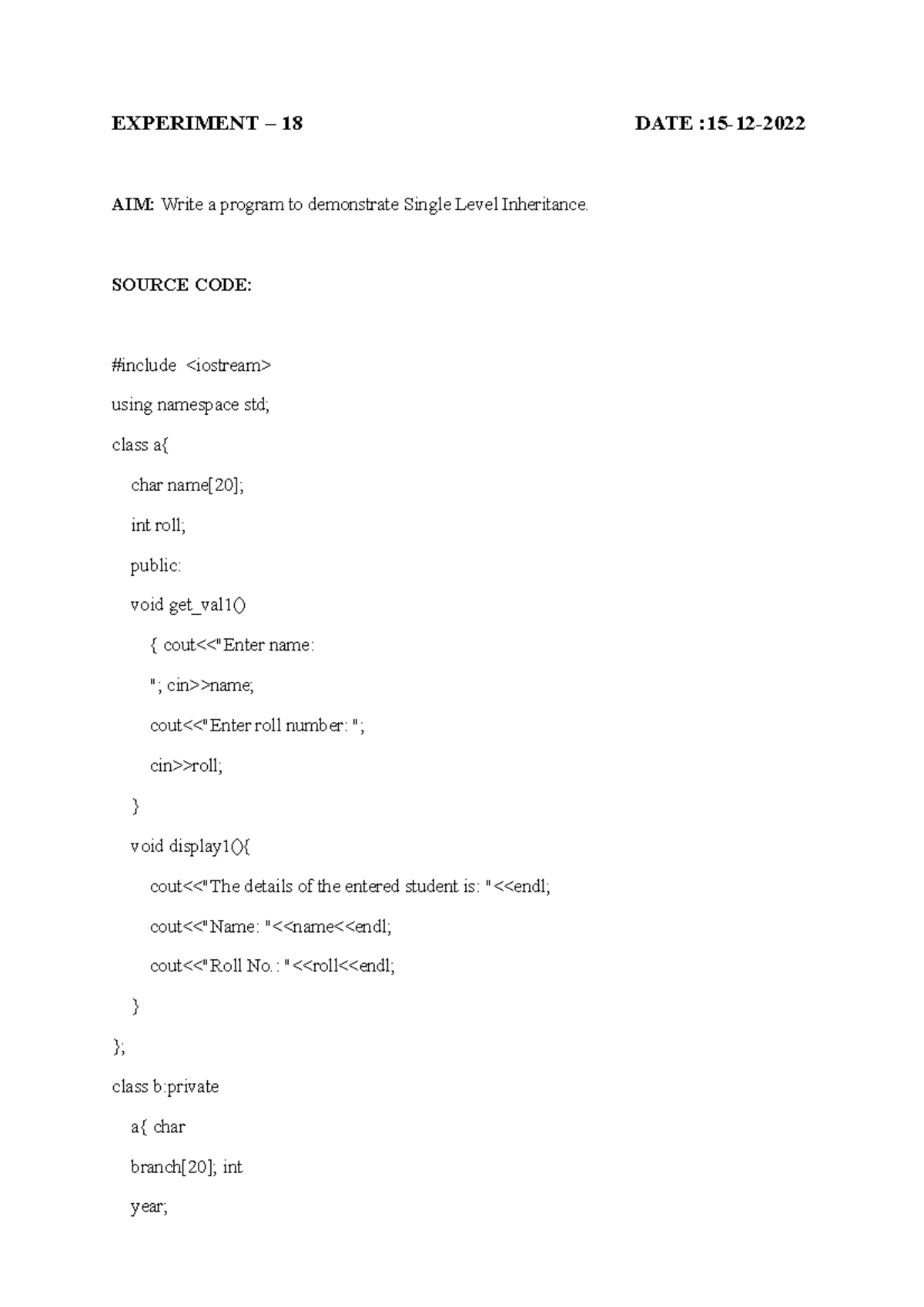 18,19,20 - student of btech - EXPERIMENT – 18 DATE :15-12- 2022 AIM: Write a program to ...