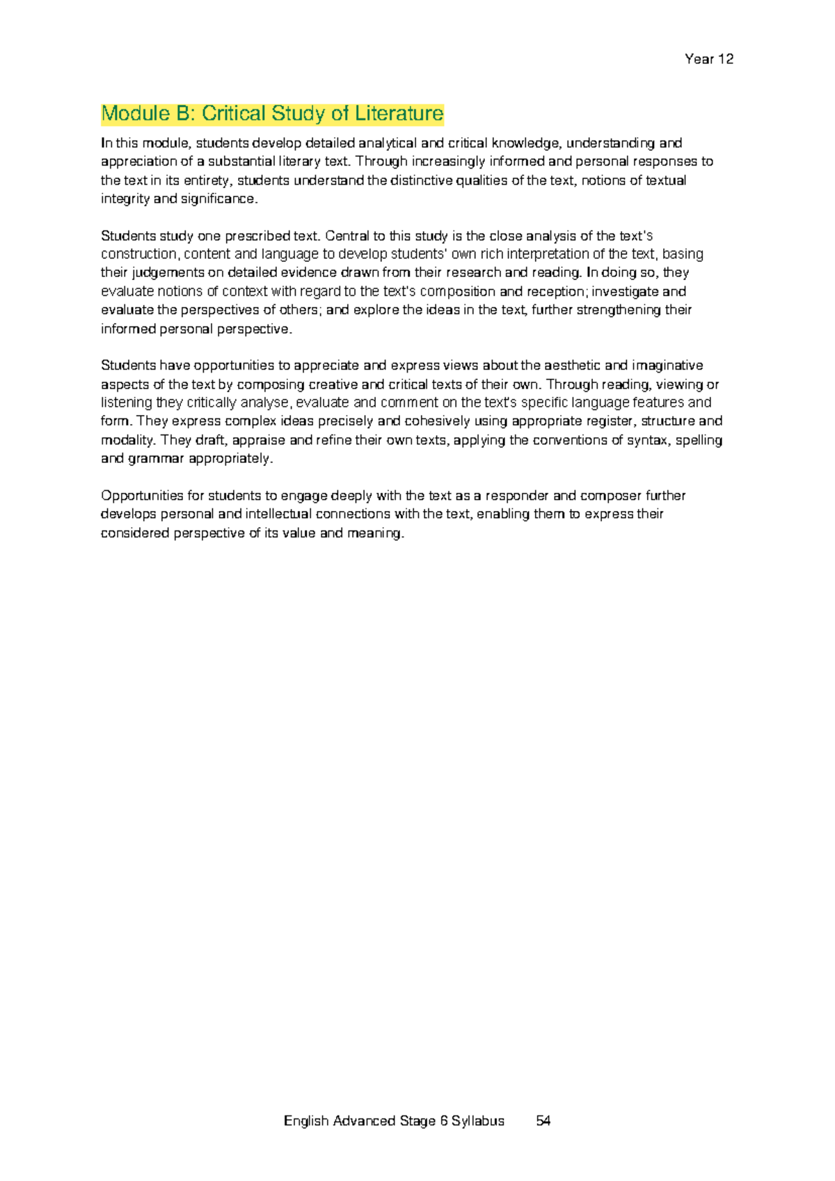 Advanced English Mod B Syllabus - Year 12 English Advanced Stage 6 ...