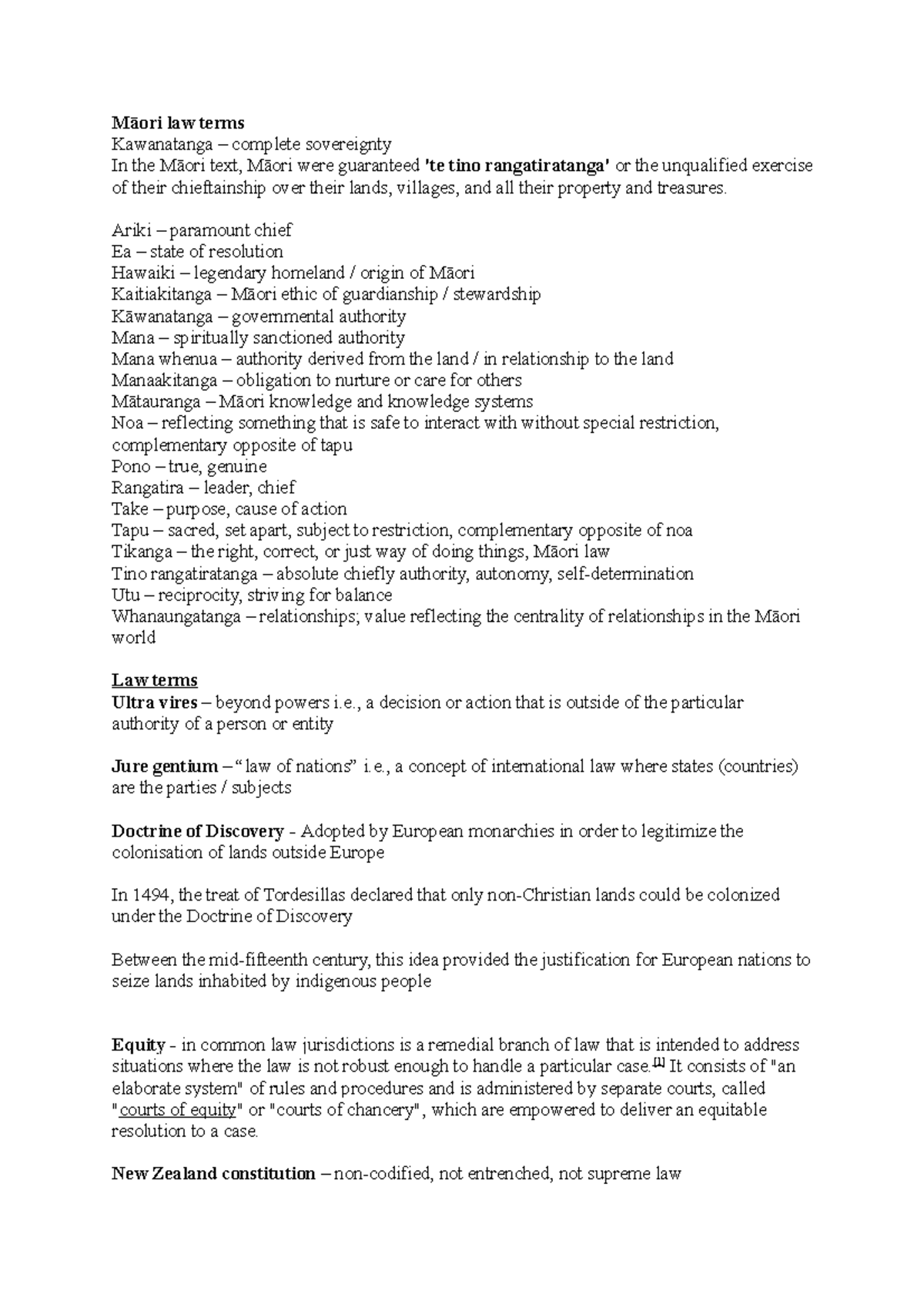 LAWS121 definition revision for terms test - Māori law terms ...