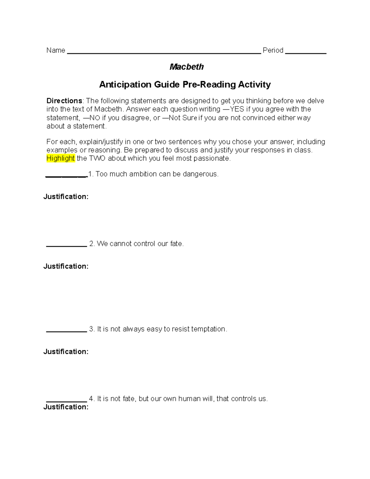 Juan Nieto - Macbeth Anticipation Guide - 6792330 - Name Period Macbeth ...