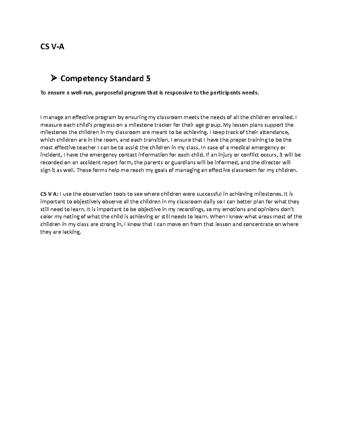 CS V-A - Competency Statement V part A. - CS V-A Competency Standard 5 ...