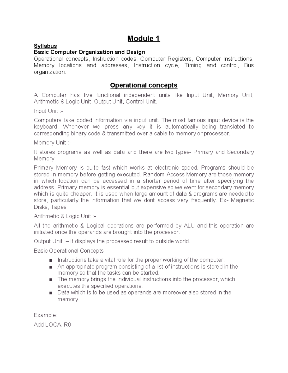 COA full notes-1 - Hello - Module 1 Syllabus Basic Computer ...