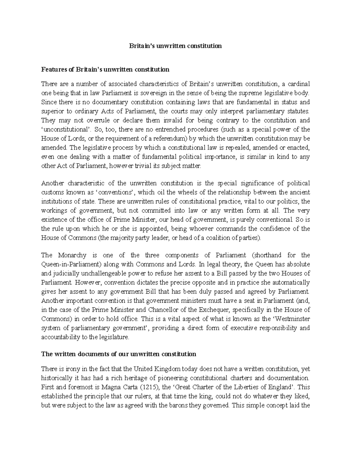 Britain's Unwritten Constitution - Britain's unwritten constitution ...