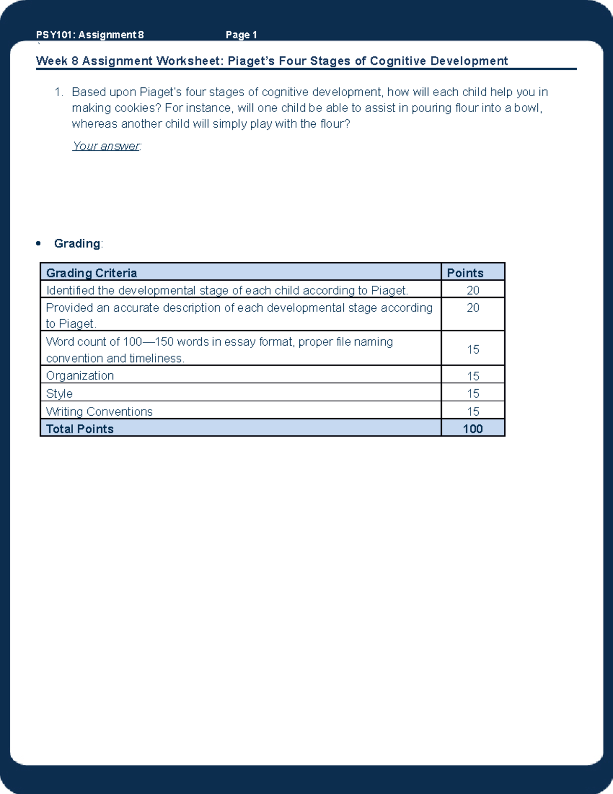 PSY101 H Wk8 Assignment - PSY101: Assignment 8 Page 1 ` Week 8 ...