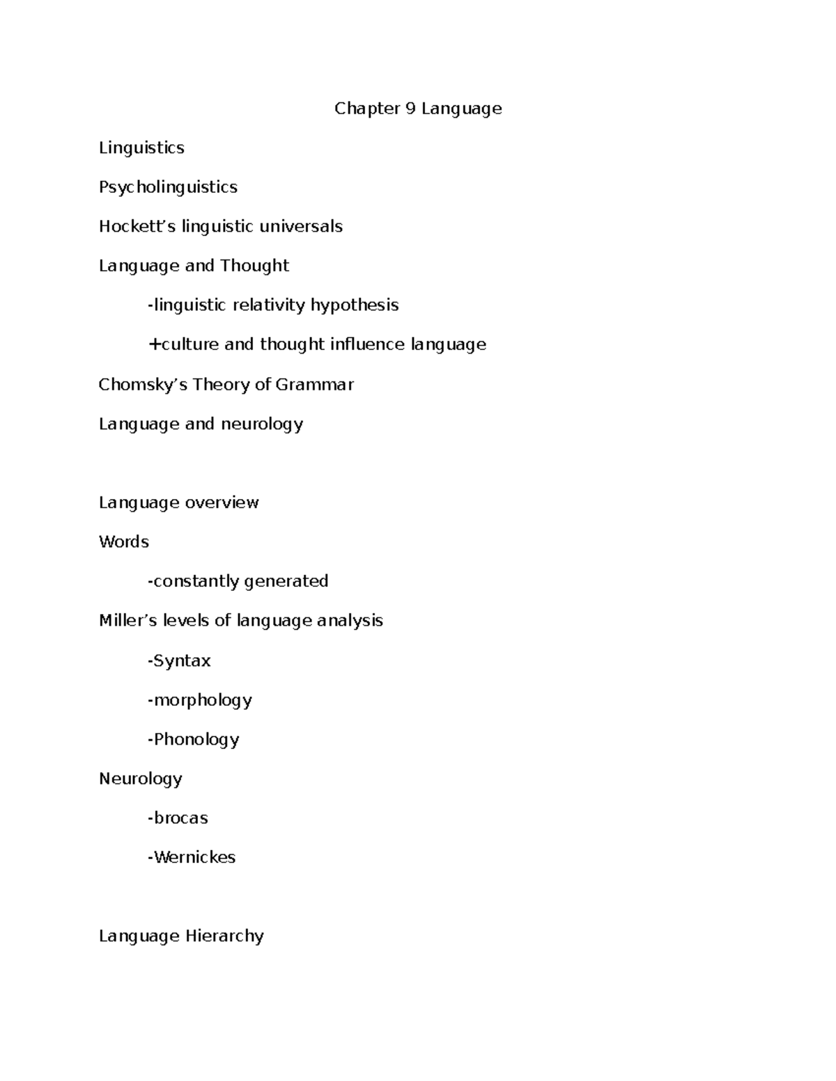 Chapter 9 Language - Lecture notes 10 - Chapter 9 Language Linguistics ...
