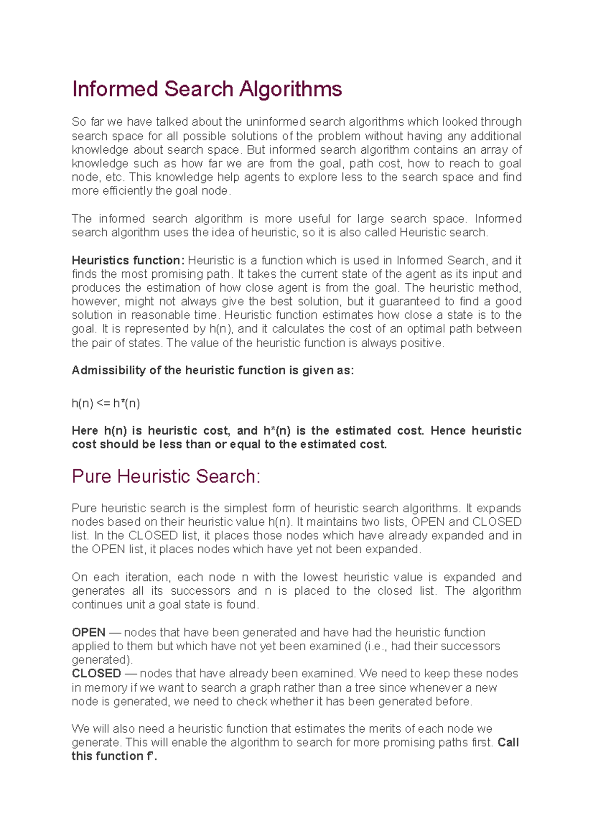 Informed Search ALGO - Informed Search Algorithms So far we have talked ...