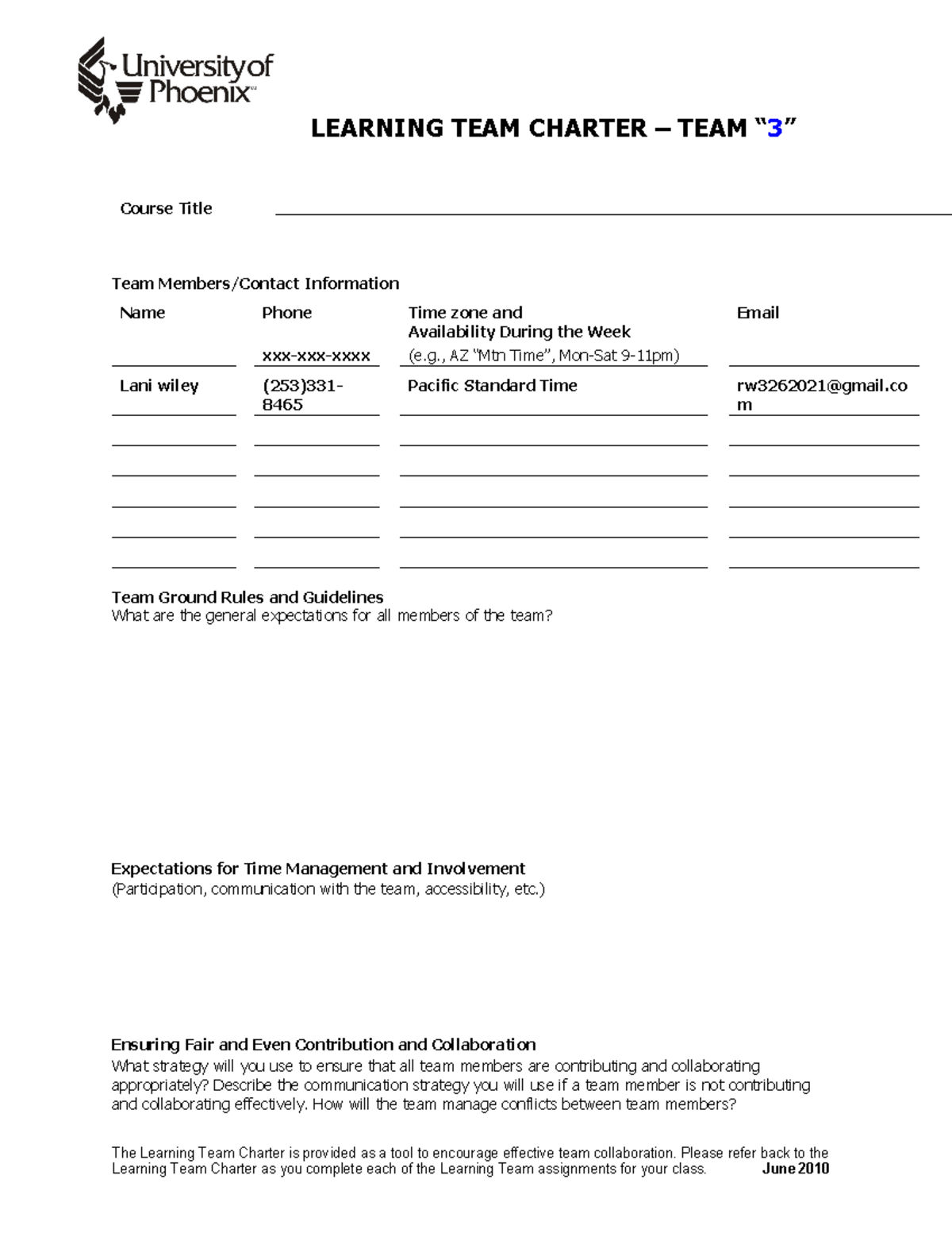 Learning Team Charter - Chart - LEARNING TEAM CHARTER – TEAM “ 3 ...