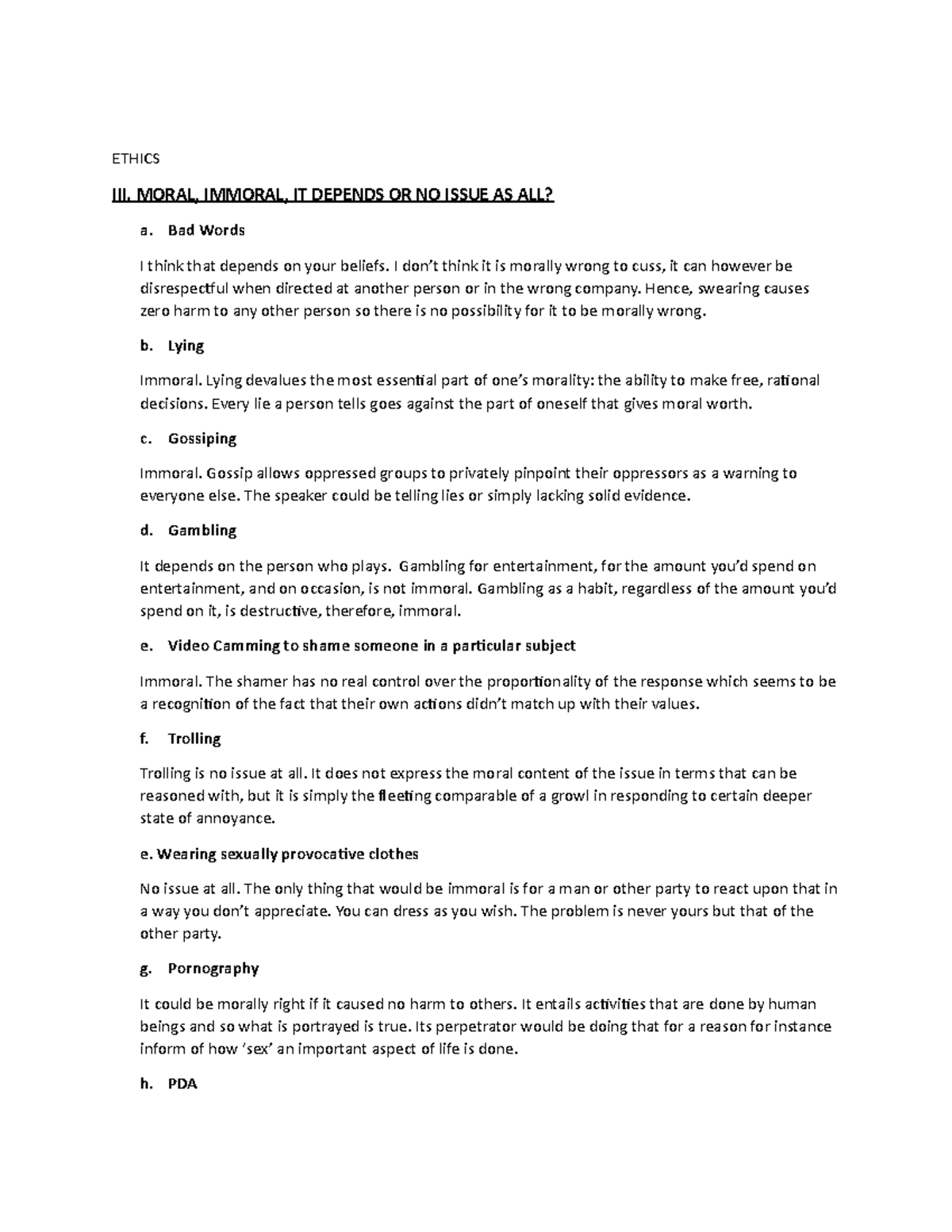 III. ethics harndwritten activity - ETHICS III. MORAL, IMMORAL, IT ...