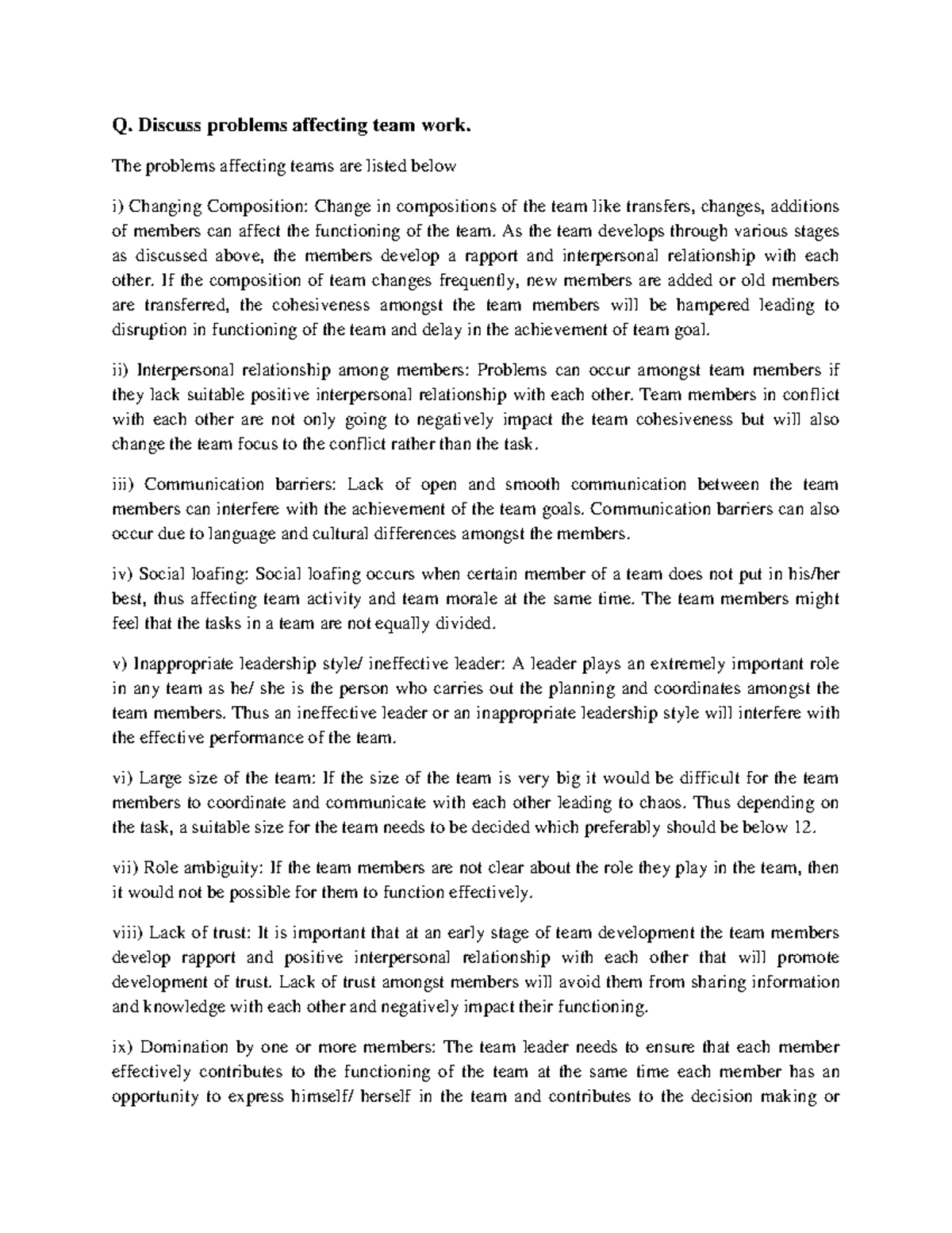 Discuss problems affecting team work - Q. Discuss problems affecting ...