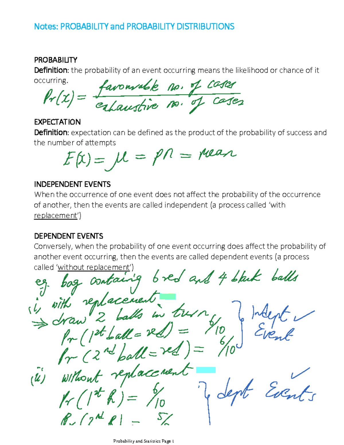 Notes Probability and Probability Distributions - PROBABILITY ...