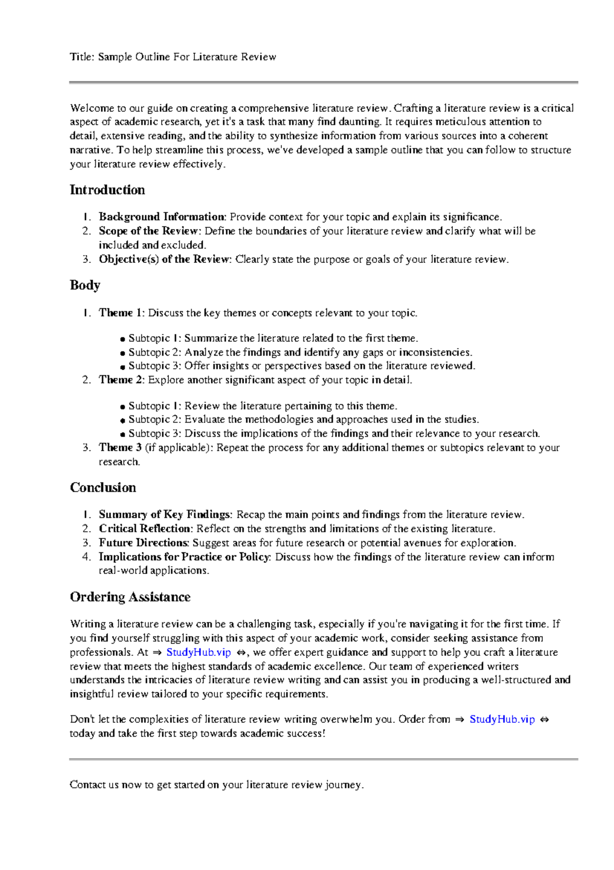 Sample Outline For Literature Review - Title: Sample Outline For ...