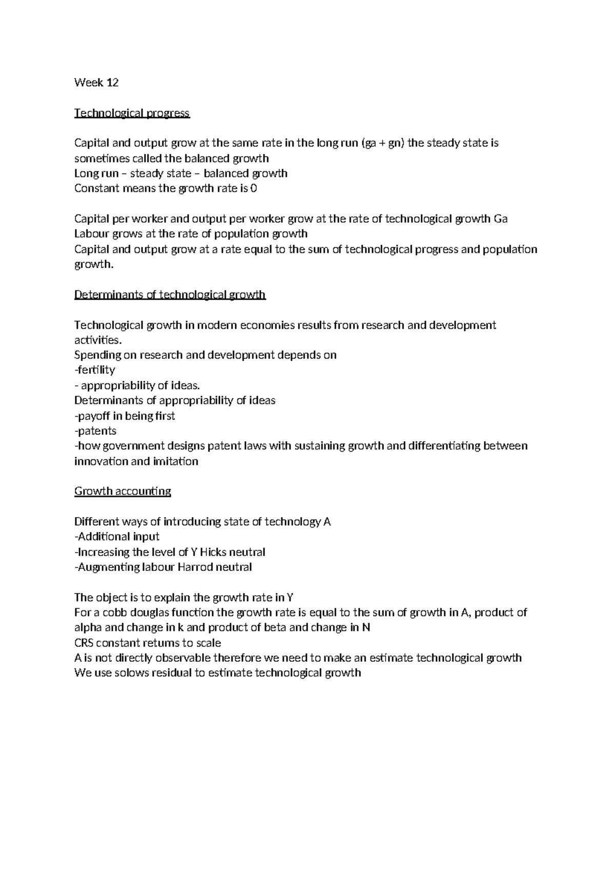 Week 12 - Summary Macroeconomics II - Week 12 Technological progress ...