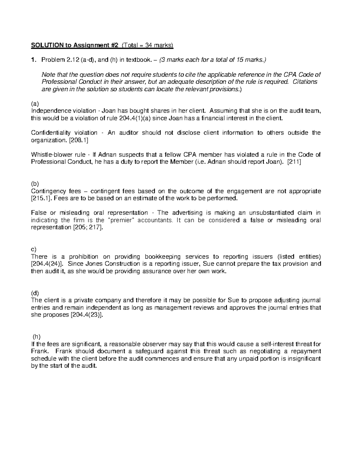 Assignment 2 - Solution - SOLUTION to Assignment #2 (Total = 34 marks) Problem 2 (a-d), and (h ...