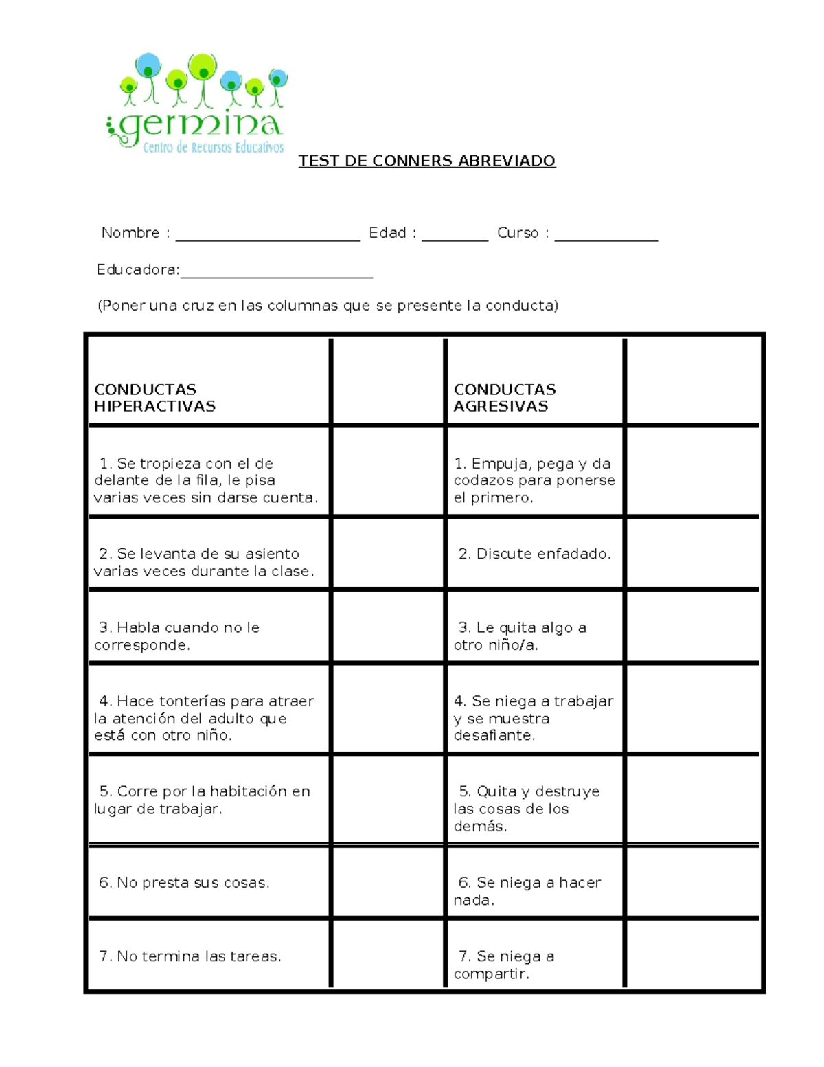 Test de Conners - TEST DE CONNERS ABREVIADO Nombre ...