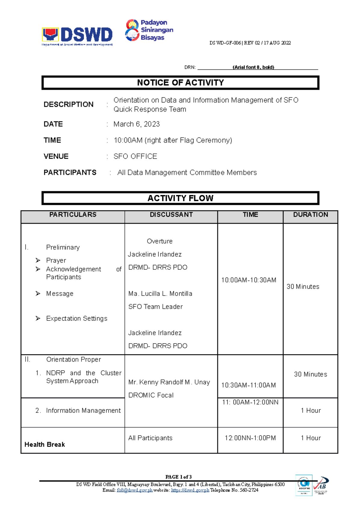 Notice-of- Activity - DSWD-GF-006 | REV 02 / 17 AUG 2022 DRN: (Arial ...