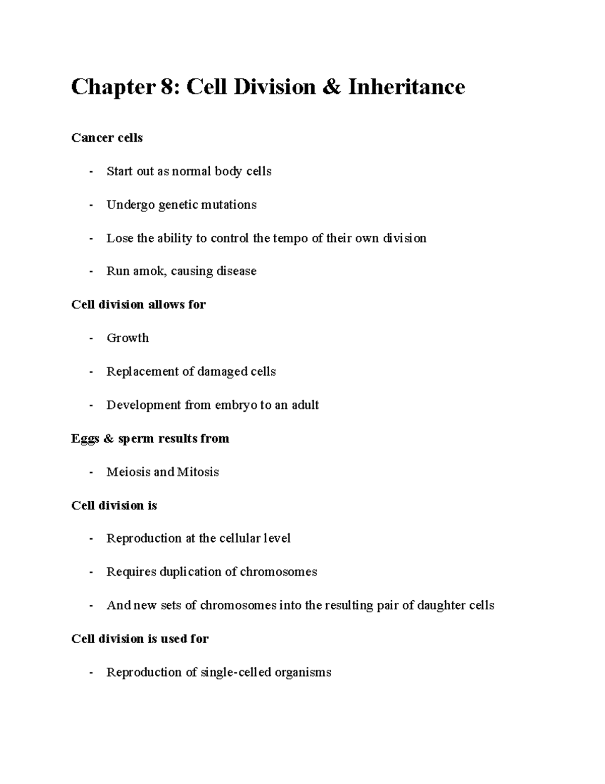 BIO 140 Chapter 8 Notes - Chapter 8: Cell Division & Inheritance Cancer ...