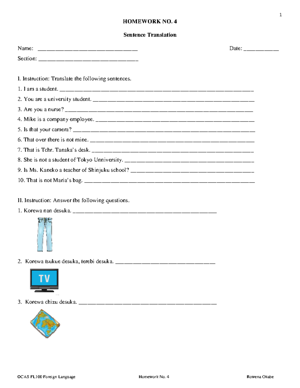 HW 4 Sentence Translation - 1 ©CAS FL100 Foreign Language Homework No ...