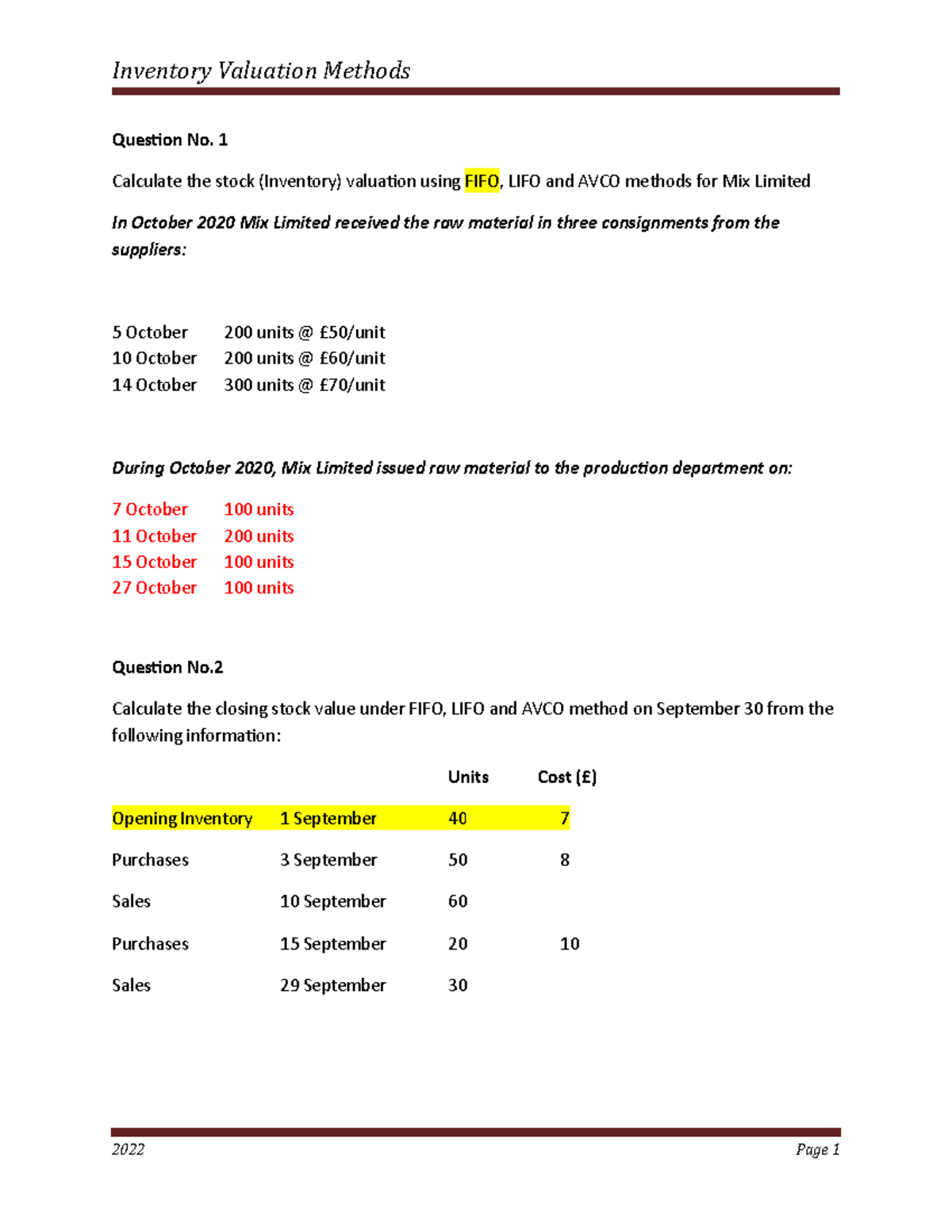 Inventory valuation methods - Inventory Valuation Methods Question No ...