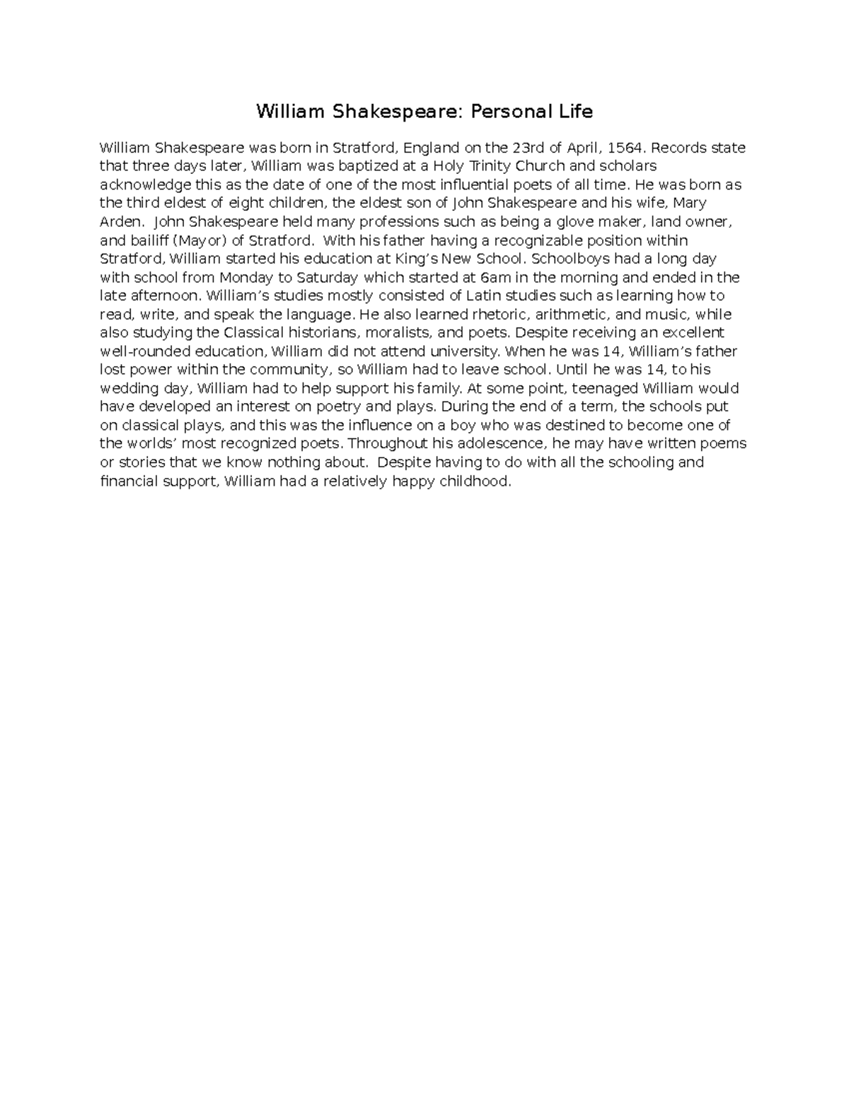 Script - Lecture notes 12 - William Shakespeare: Personal Life William ...