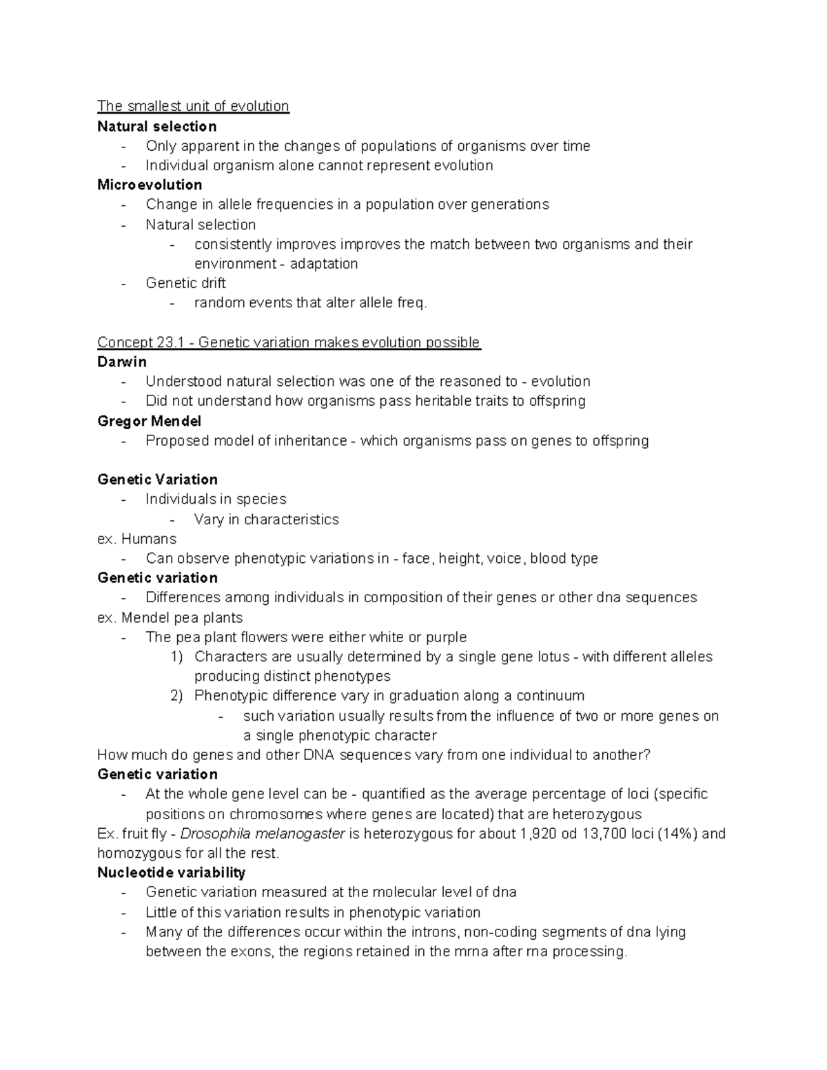 natural selection notes - The smallest unit of evolution Natural ...