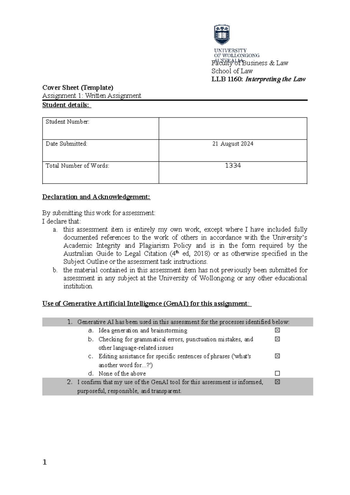 LLB1160 - Written Assignment - Faculty of Business & Law School of Law LLB 1160: Interpreting ...