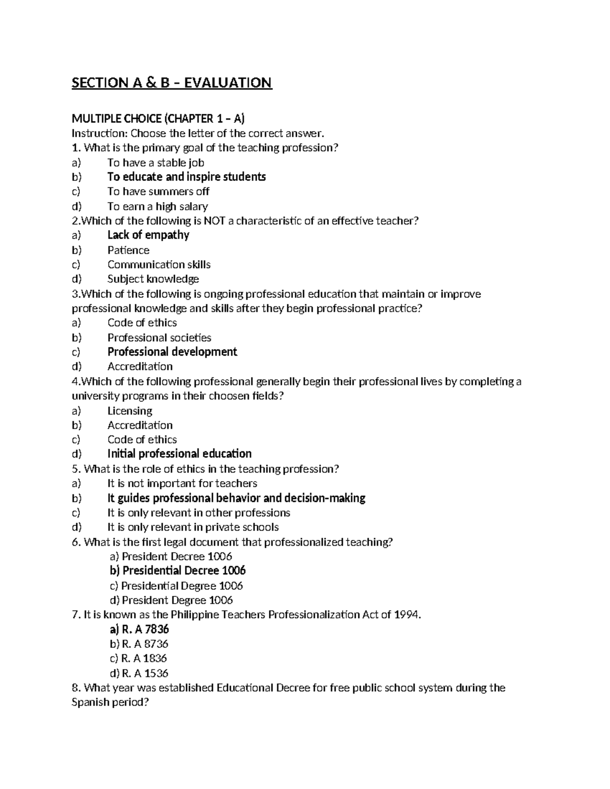ED202 Reviewer - SECTION A & B – EVALUATION MULTIPLE CHOICE (CHAPTER 1 ...