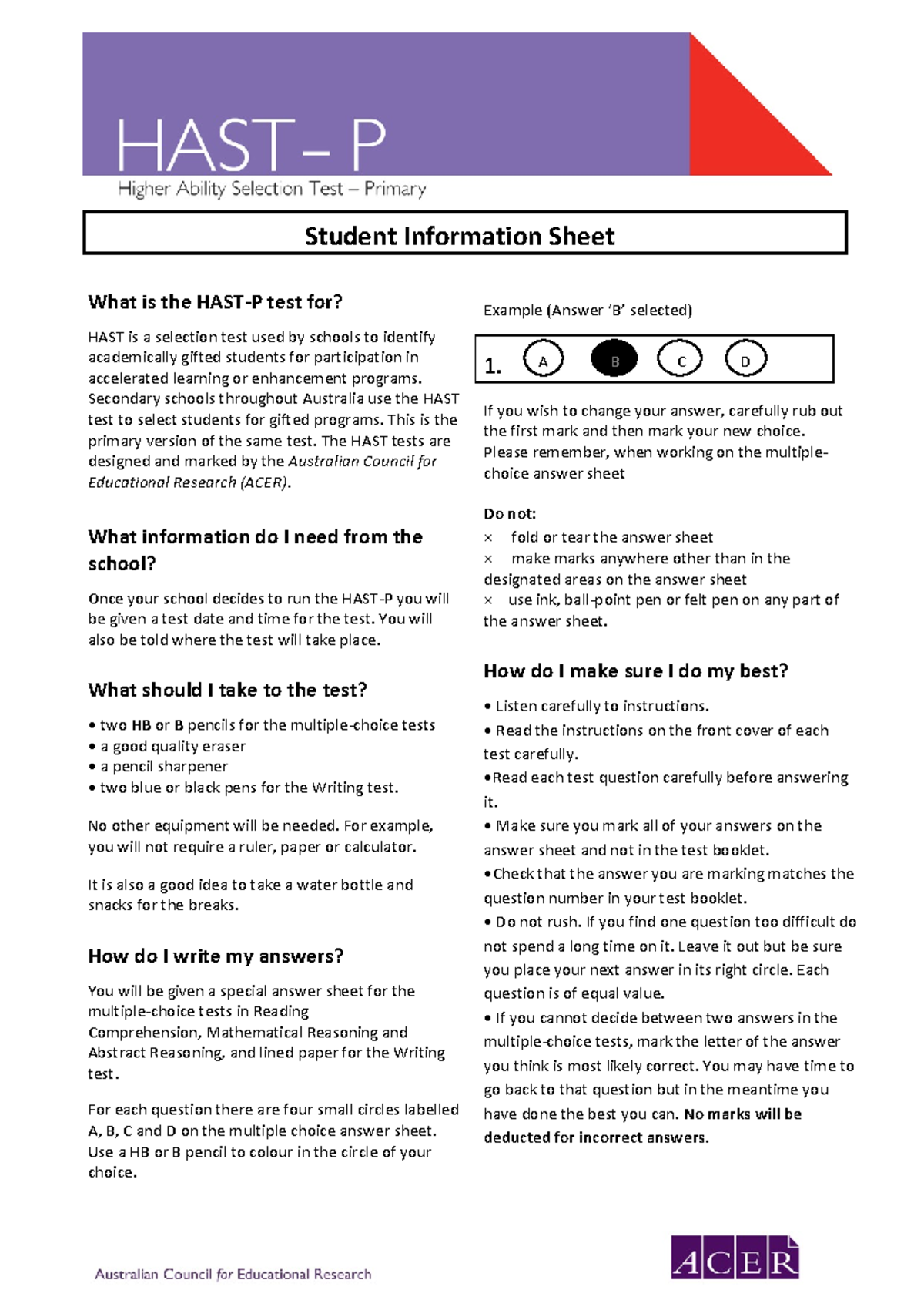 Higher Ability Selection Test – Primary (HAST-P) - ACER - What is the ...