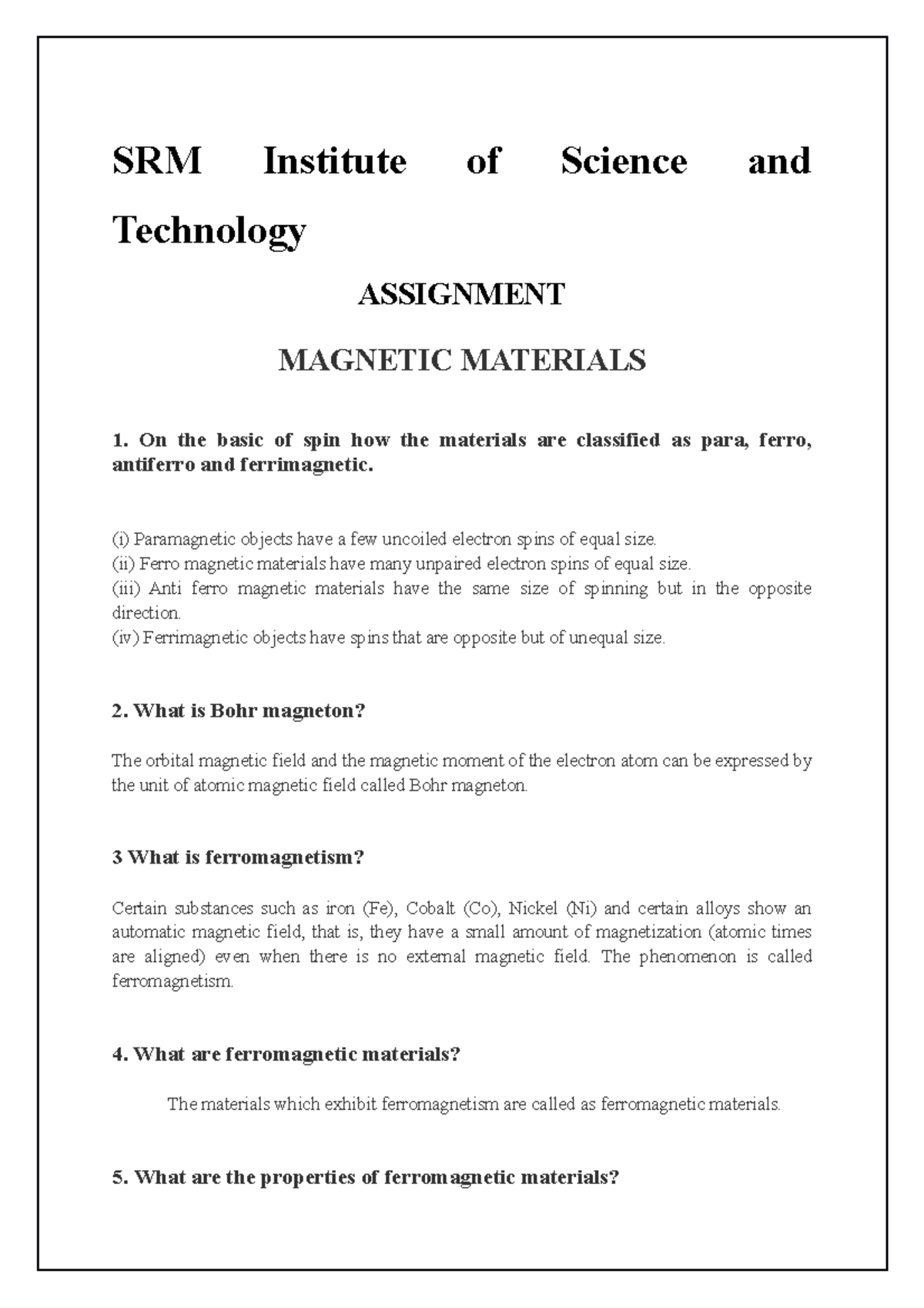 Magnetic Materials Assignment - SRM Institute of Science and Technology ...