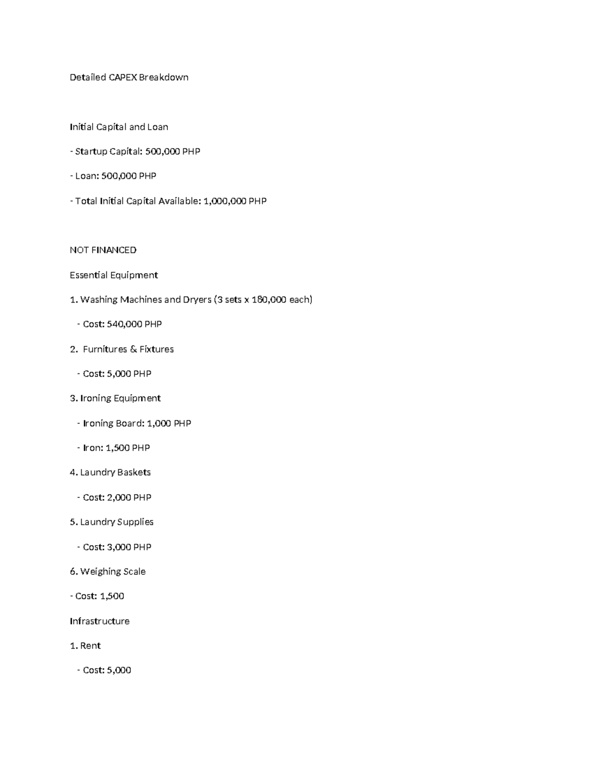 Capital Expenditure Cycle example notes for the Business Plan(CAPEX ...