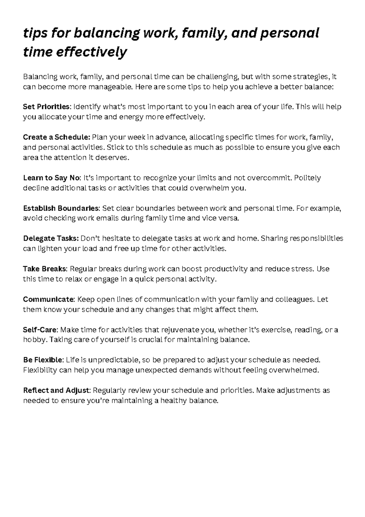 Tips - give tips - tips for balancing work, family, and personal time ...