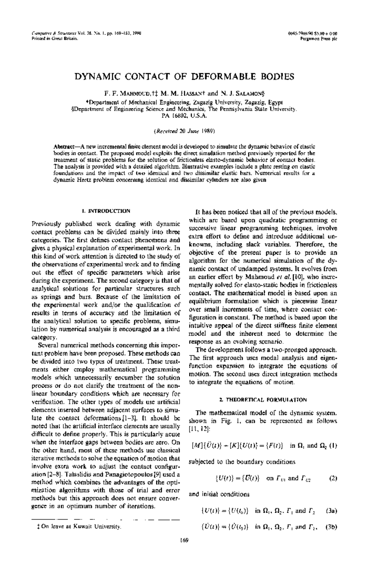 Dynamic Contact Of Deformable Bodies Ccwnpurrrs And Srrucrures Vol 36