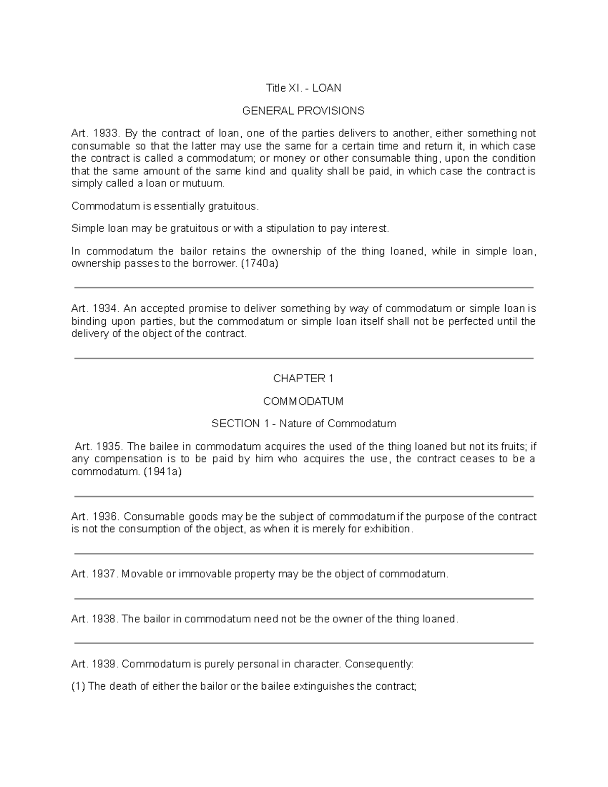 Main Laws Commodatum Mutuum Pledge Mortgage Antichresis and Chattel ...