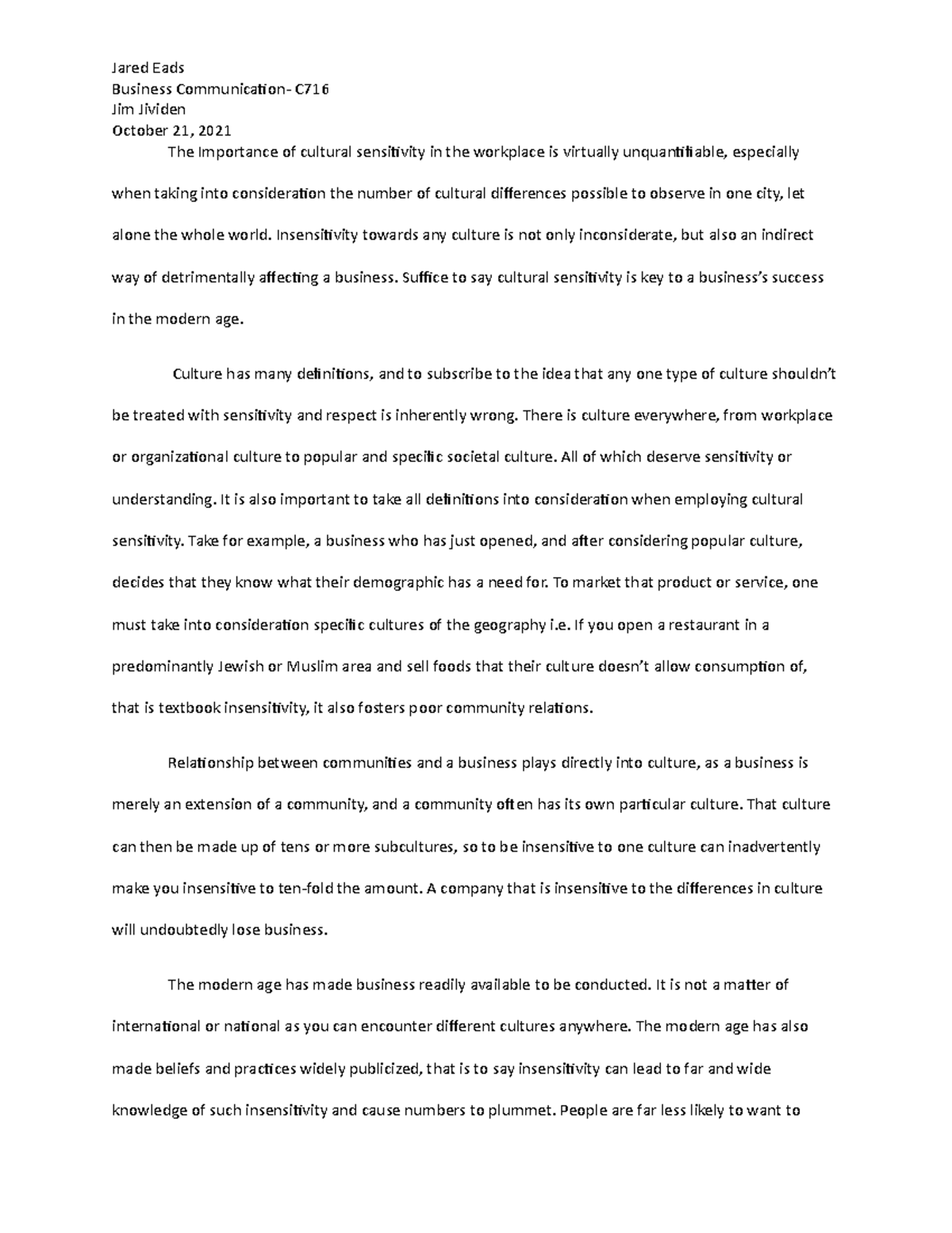 C716 Task 1 - Pass. Essay on the importance of cultural sensitivity ...