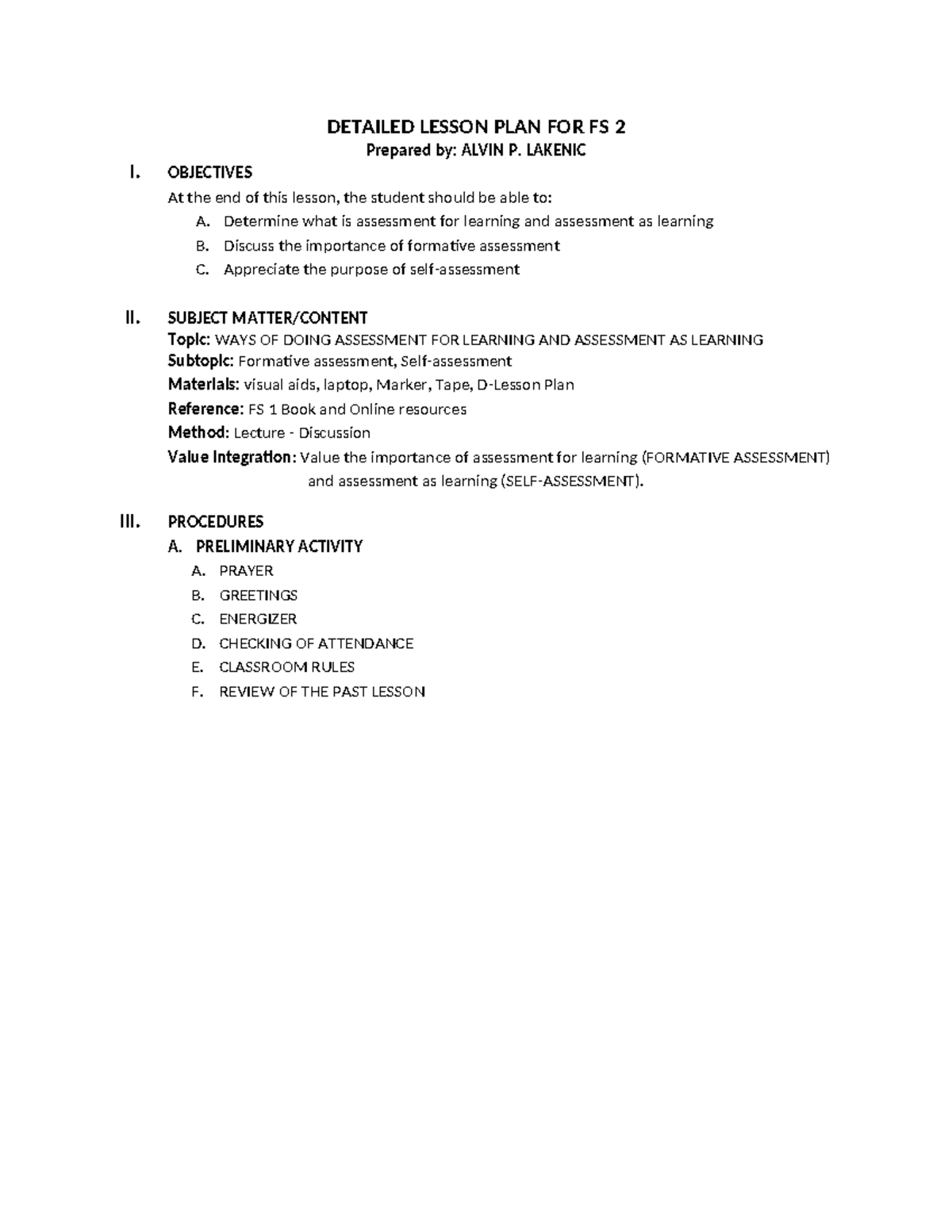 DL PLAN - N/A - DETAILED LESSON PLAN FOR FS 2 Prepared by: ALVIN P ...