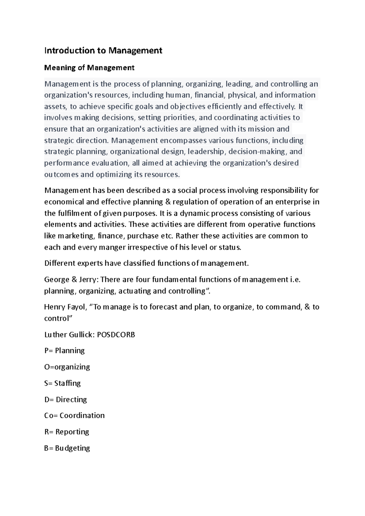 MPOB Unit 1 - Introduction to Management Meaning of Management ...