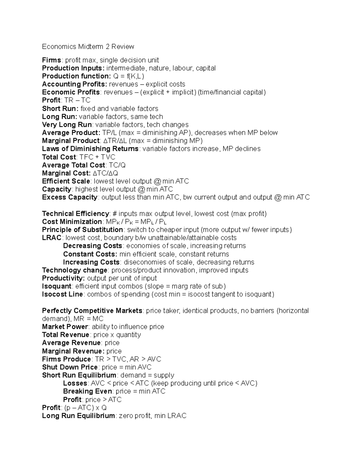 EC 120 Midterm 2 - Economics Midterm 2 Review Firms: profit max, single decision unit Production ...