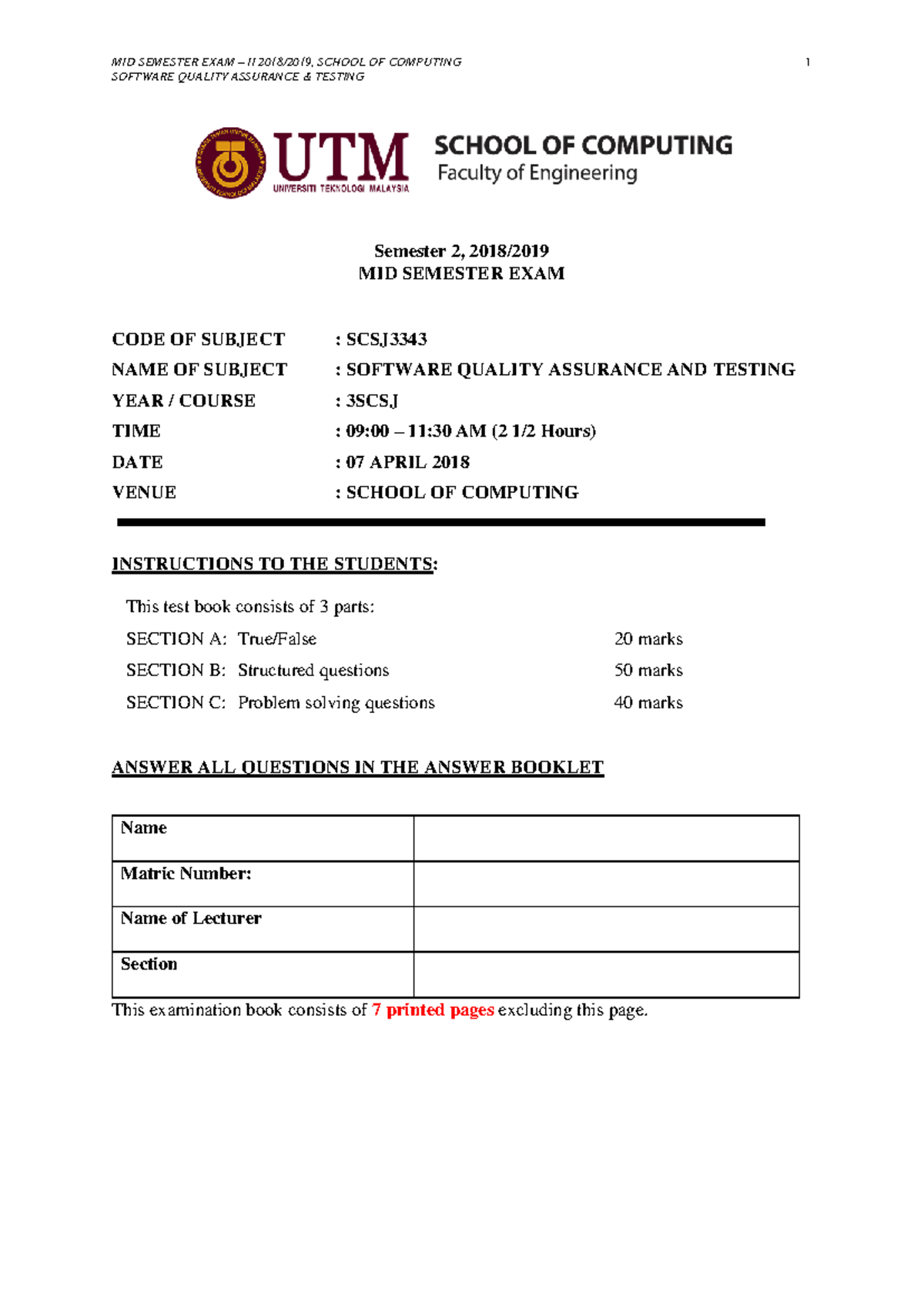 Mid Term Test SQA 2019 - past-paper - MID SEMESTER EXAM – II 2018 /2019 ...