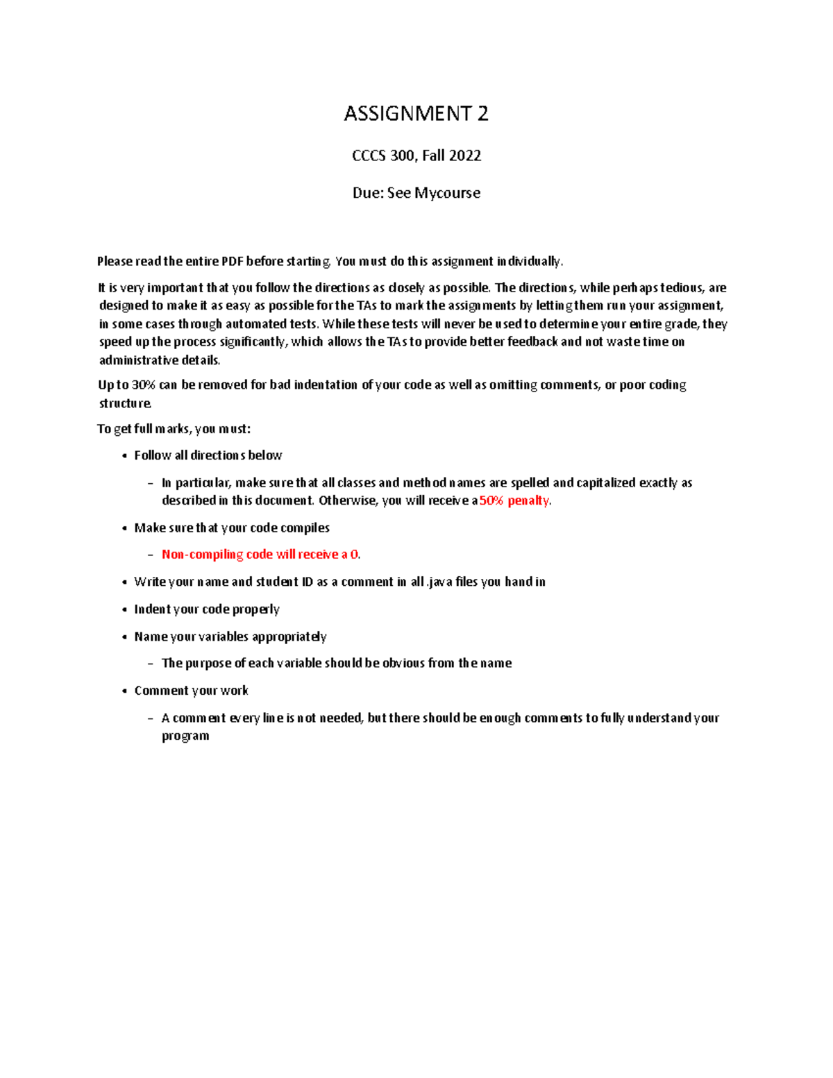 Assignment 2 - ASSIGNMENT 2 CCCS 300, Fall 2022 Due: See Mycourse ...