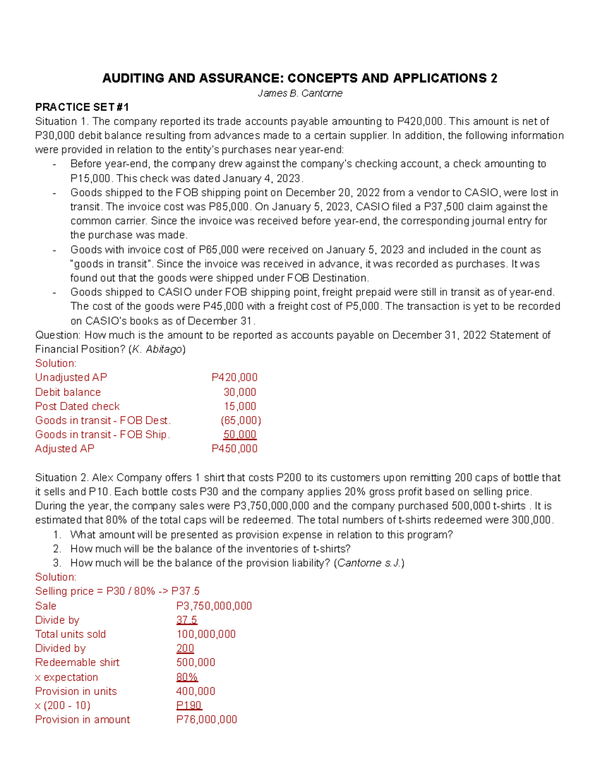 AACA 2 Student Practice Set 1 Solution - AUDITING AND ASSURANCE: CONCEPTS AND APPLICATIONS 2 ...