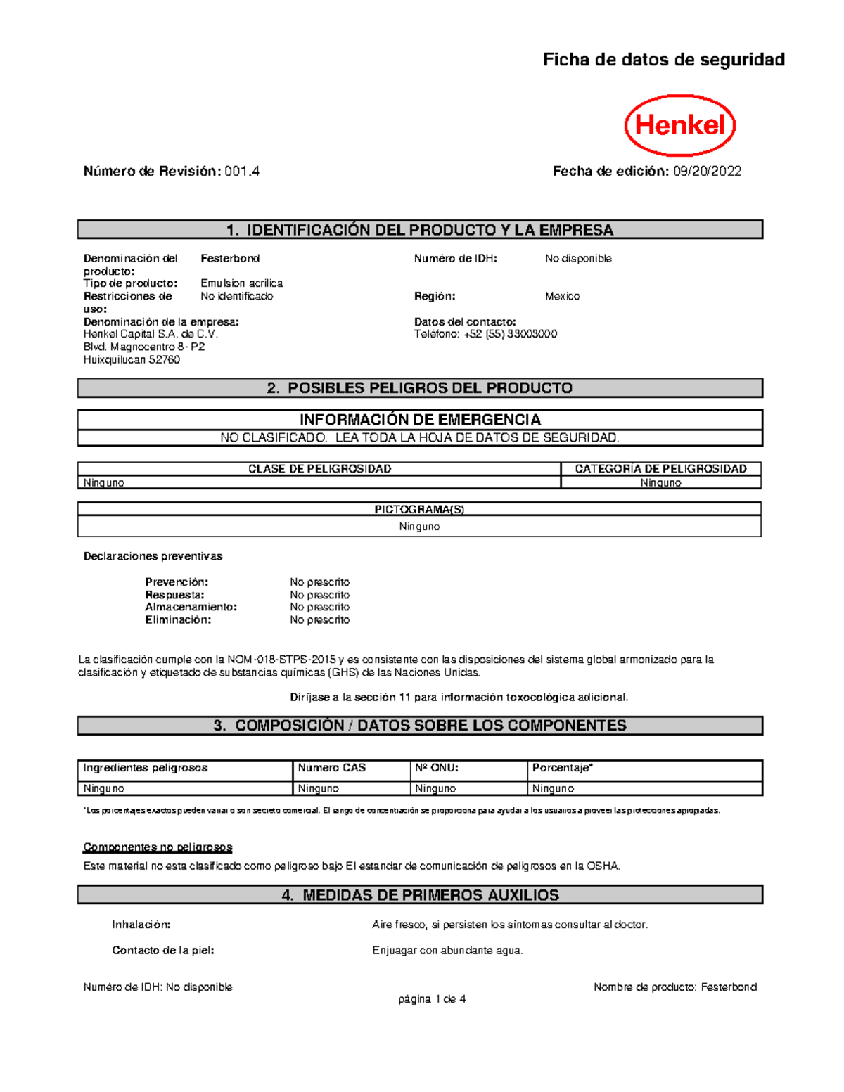 Fester hoja de seguridad - Ficha de datos de seguridad Número de ...