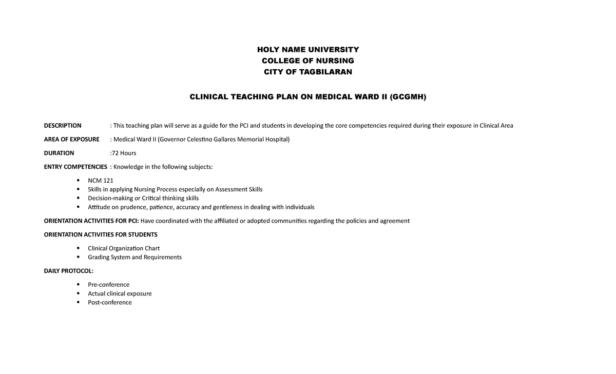 Clinical- Teaching-PLAN - HOLY NAME UNIVERSITY COLLEGE OF NURSING CITY ...