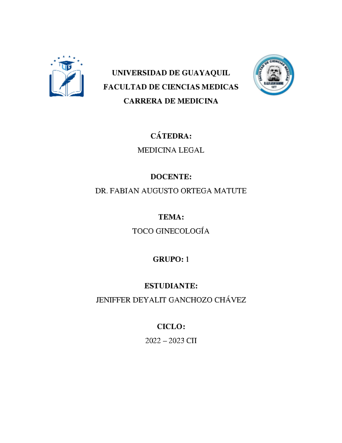 TOCO Ginecología - UNIVERSIDAD DE GUAYAQUIL FACULTAD DE CIENCIAS ...