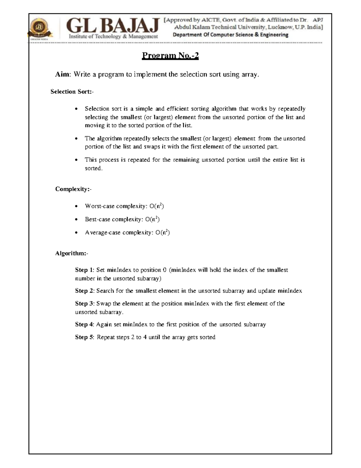 DAA Lab Programs (1-7)-1 - Program No.- 2 Aim: Write a program to implement the selection sort ...