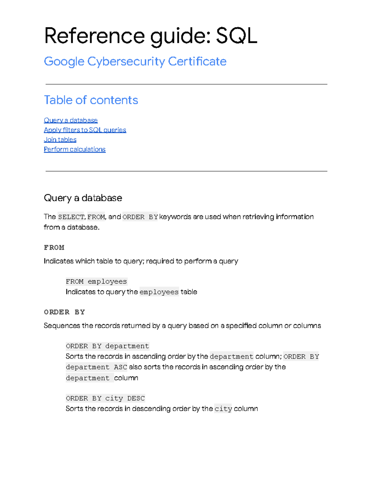 Sql crash - Book - Reference guide: SQL Google Cybersecurity Certicate ...