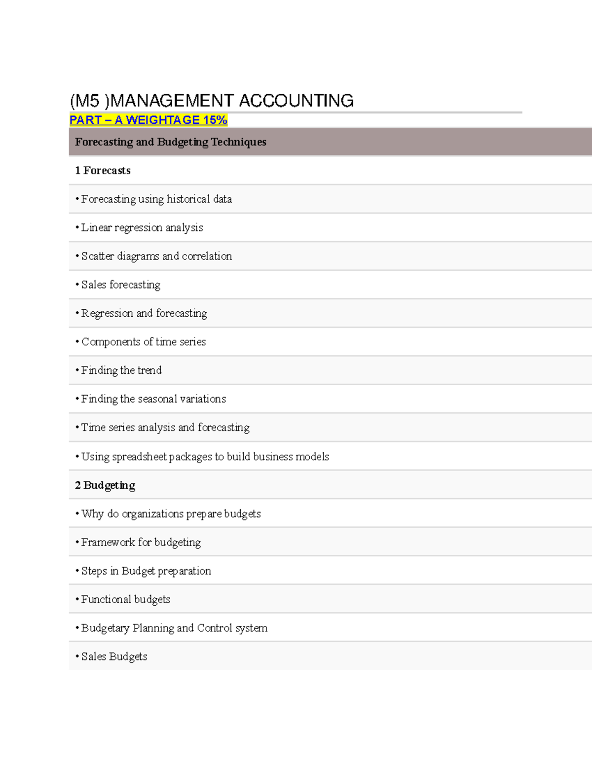 Syllabus - (M5 )MANAGEMENT ACCOUNTING PART – A WEIGHTAGE 15% ...