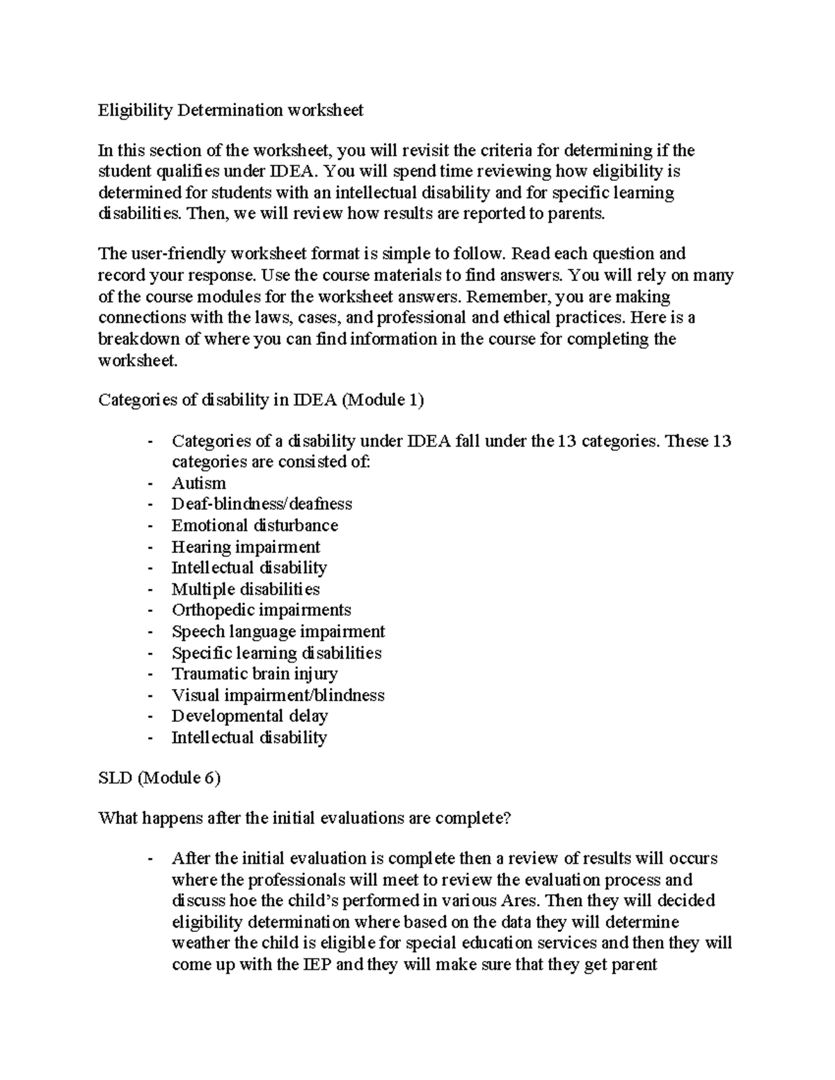 Eligibility Determination worksheet - You will spend time reviewing how ...