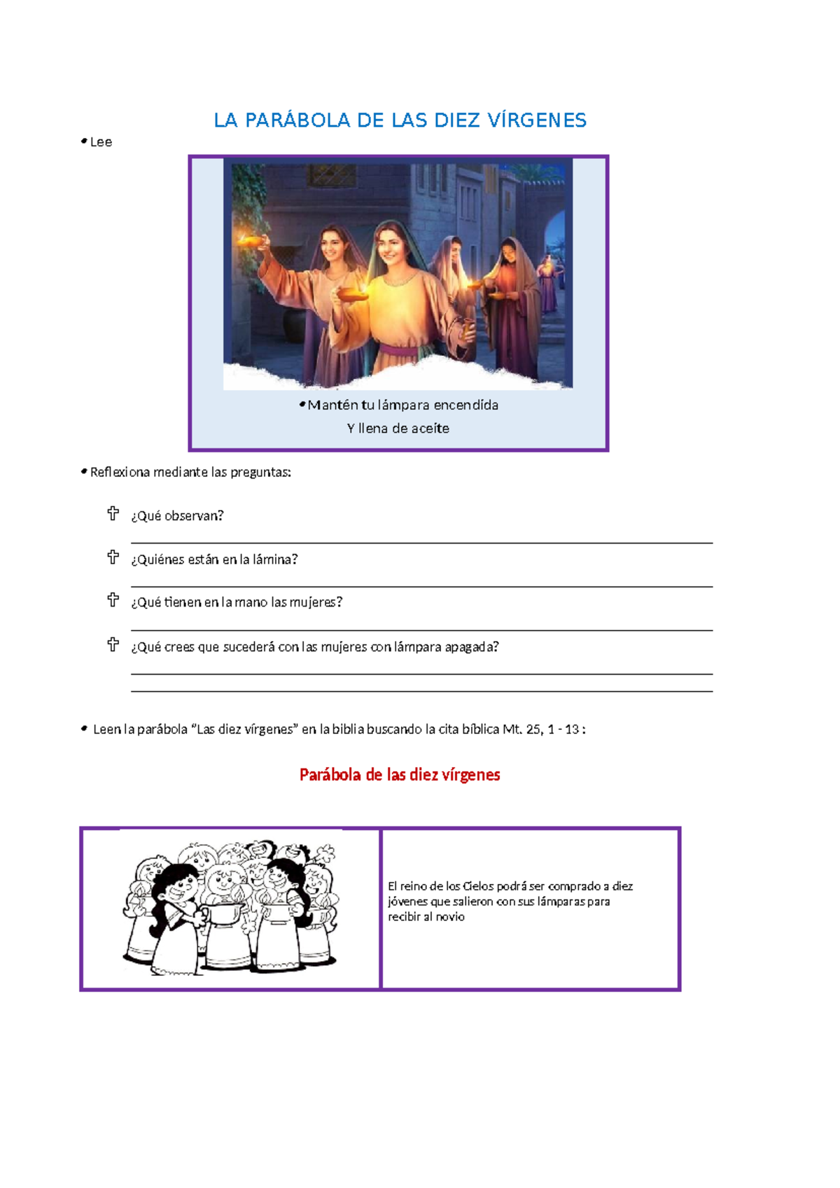 Ficha Religión Parábola DE LAS DIEZ Virgenes - LA PARÁBOLA DE LAS DIEZ ...