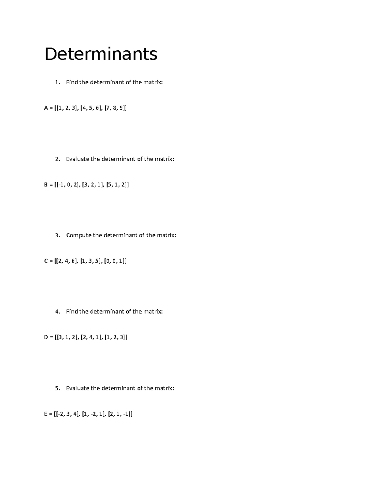 Determinants - calculus 3 self-made worksheet - Determinants Find the ...